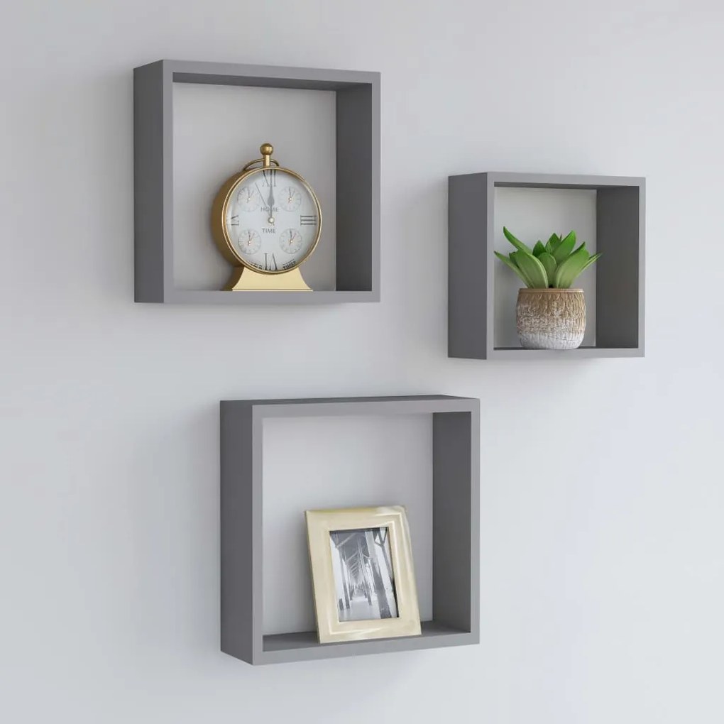 Nástěnné police kostky 3 ks šedé MDF 323951