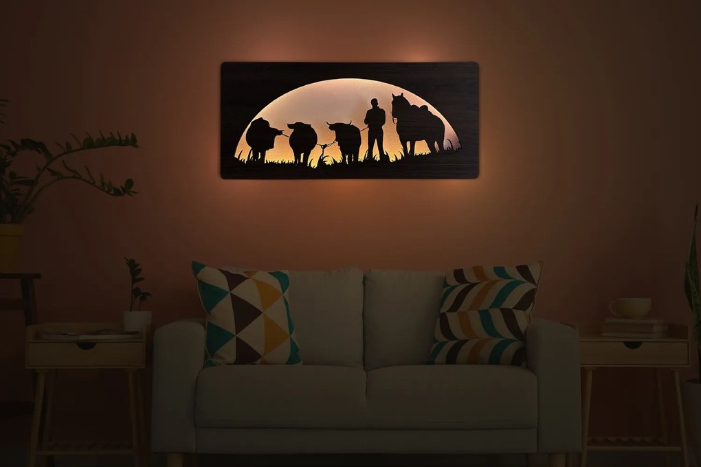 Li-Go "Člověk, kůň a býk" světelný obraz s baterií RGBW 100x45 cm varianta ovládání: ovládání na obraze včetně dálkového ovladače, provedení povrchu: dub