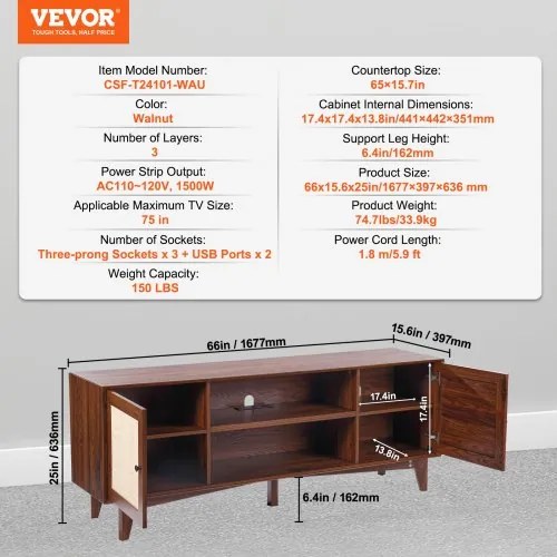 Ratan-TV-Ständer 191 cm Fernseher Boho-TV-Schrank Fernsehschrank Walnuss