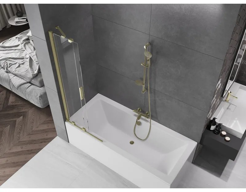 Mexen Velar, 2-křídlová posuvná vanová zástěna 70 x 150 cm, 8mm čiré sklo, zlatý matný profil, 896-070-000-01-55