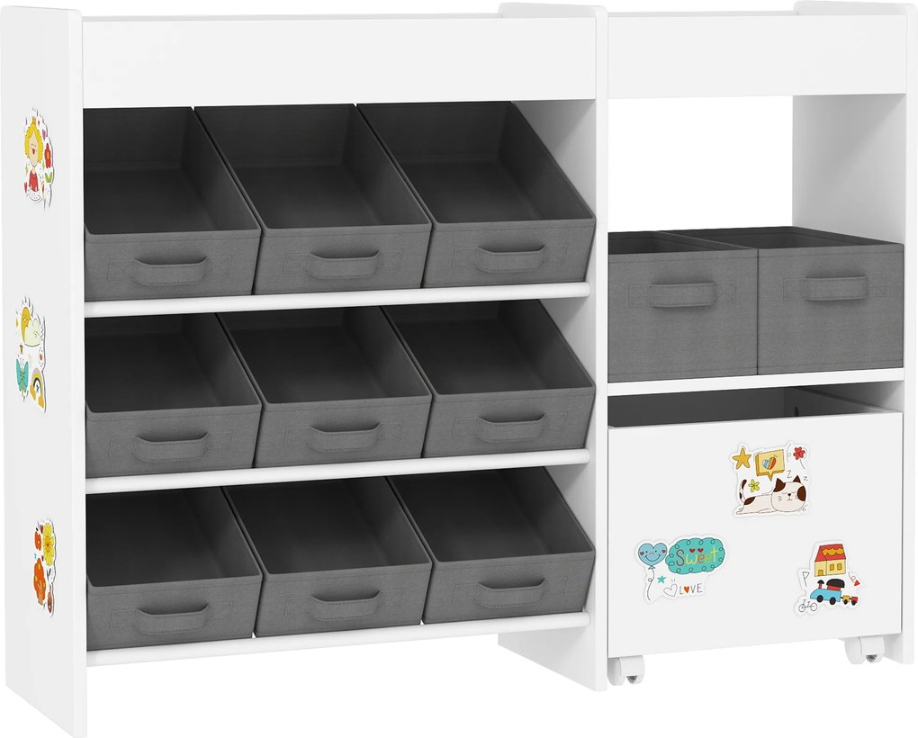 AIYAPLAY Úložný regál na hračky pro děti s 11 odnímatelnými koši a samolepkami pro hernu 105x30x80 cm Bílý