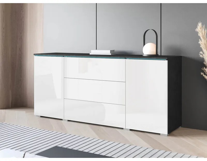 Komoda do pokoje Sawoti 150, Barva: Beton + Bílý lesk, Osvětlení: osvětlení LED - bílé