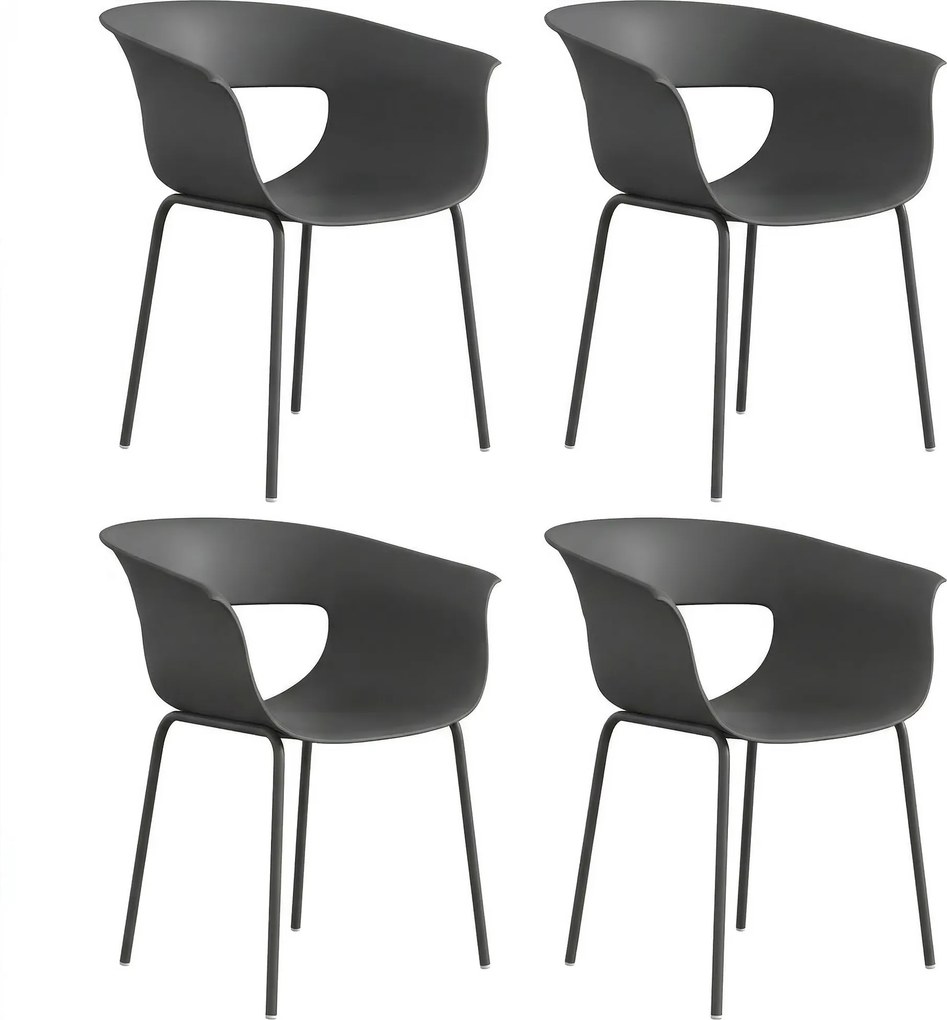 Zahradní židle sada 4 ergonomických balkónových židlí s výřezem v područce odolné proti povětrnostním vlivům tmavě šedé barvy