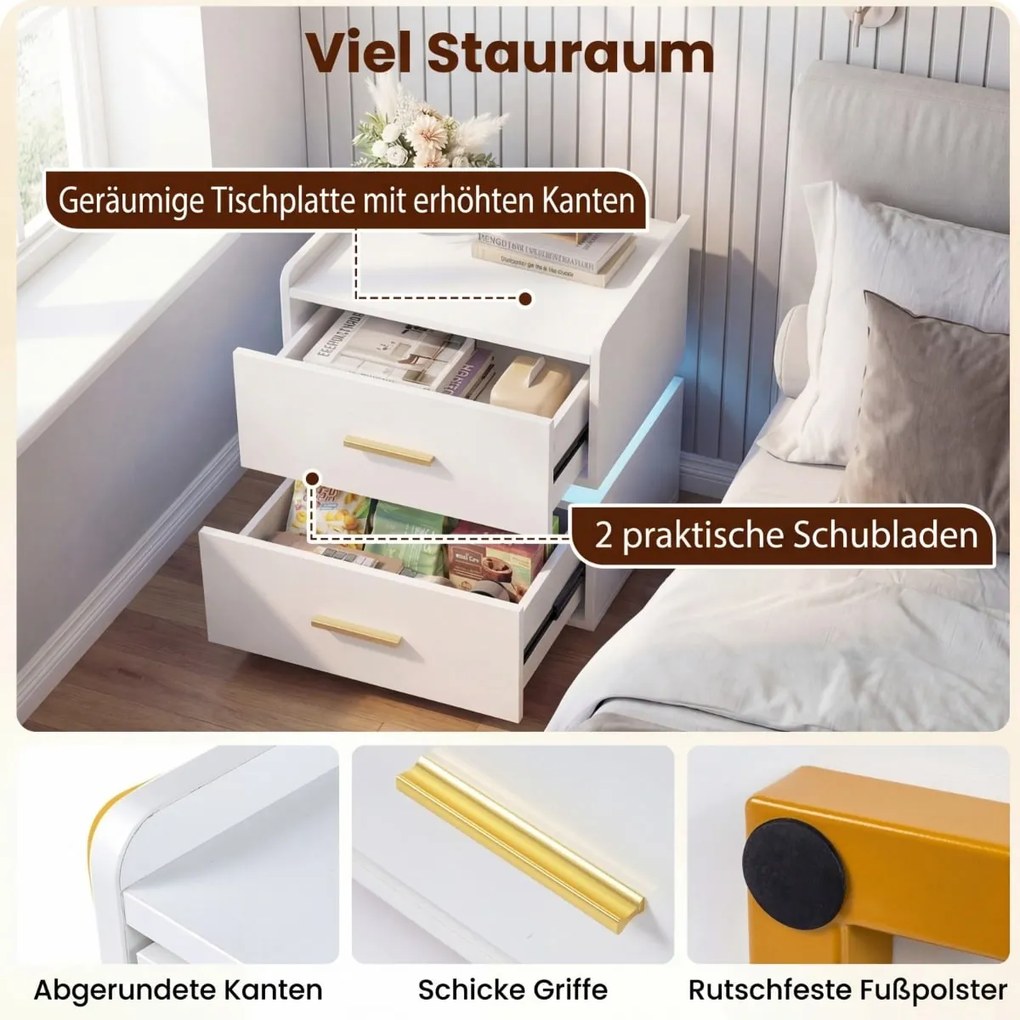 Costway Sada 2 nočních stolků s nabíjecí stanicí LED 2 zásuvkami moderní