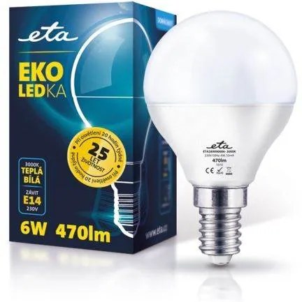 LED Žárovka ETA EKO mini globe, E14, 6W, 3000K, teplá bílá Eta ETA389090006