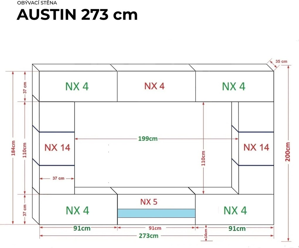 Ral Obývací stěna AUSTIN 4, 273 cm - Černý lesk