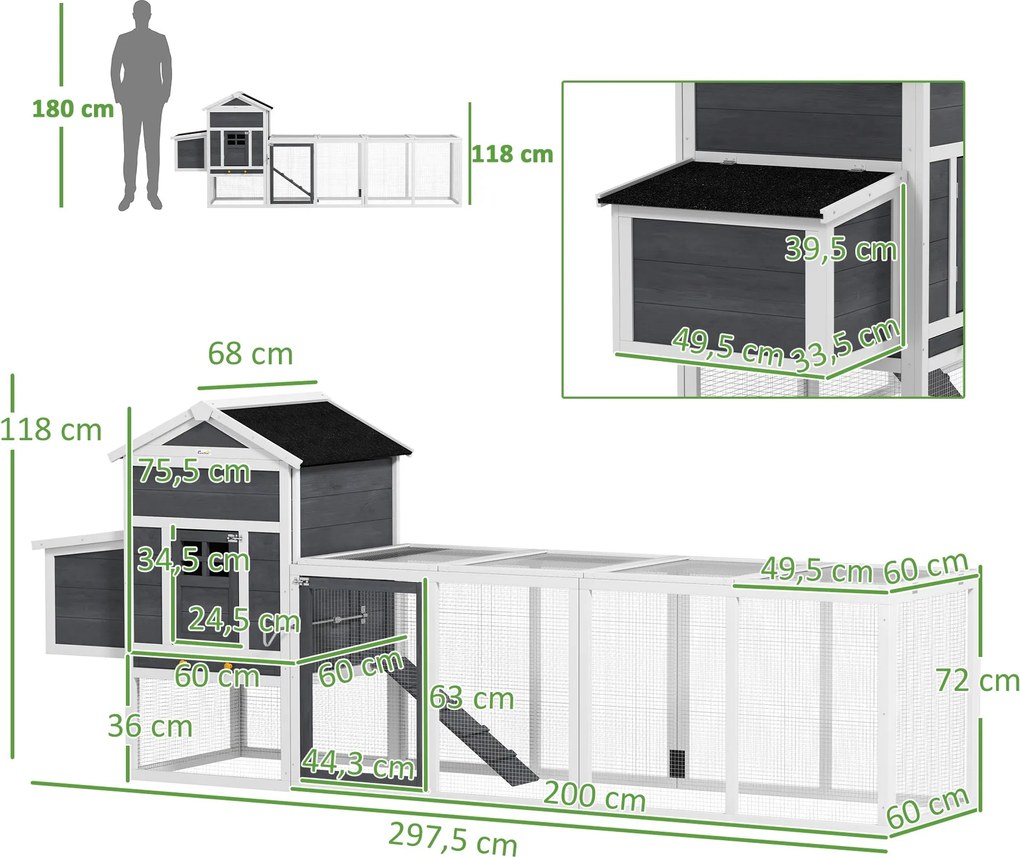 PawHut Venkovní Kurník Dřevěný Velký Kurník pro 3-6 Kurech s Hnízdící Buzerací a Asfaltovou Střechou 297,5x68x118 cm Šedý a Bílý