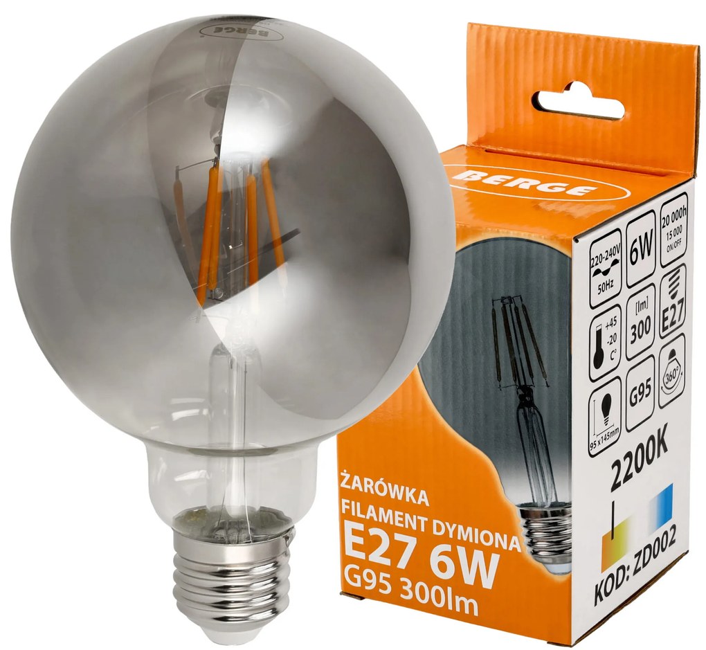 BERGE LED žárovka G95 - E27 - 6W - FILAMENT - kouřová - teplá bílá