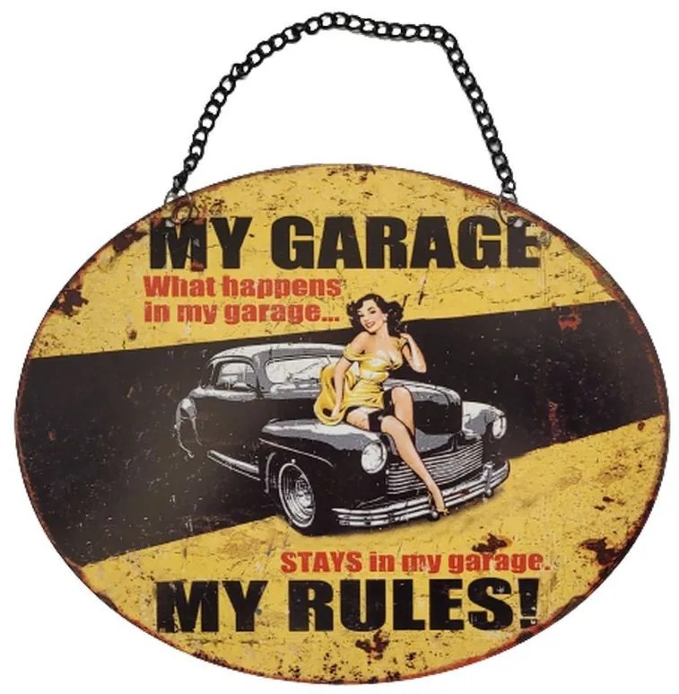 Závěsná žlutá kovová cedule My Garage My Rules - 25*20 cm