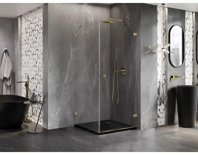 Mexen Lunar-B, pravostranný výklopný sprchový kout 80 x 80 cm, 8mm čiré sklo, zlatý profil, 832-080-080-50-00-P