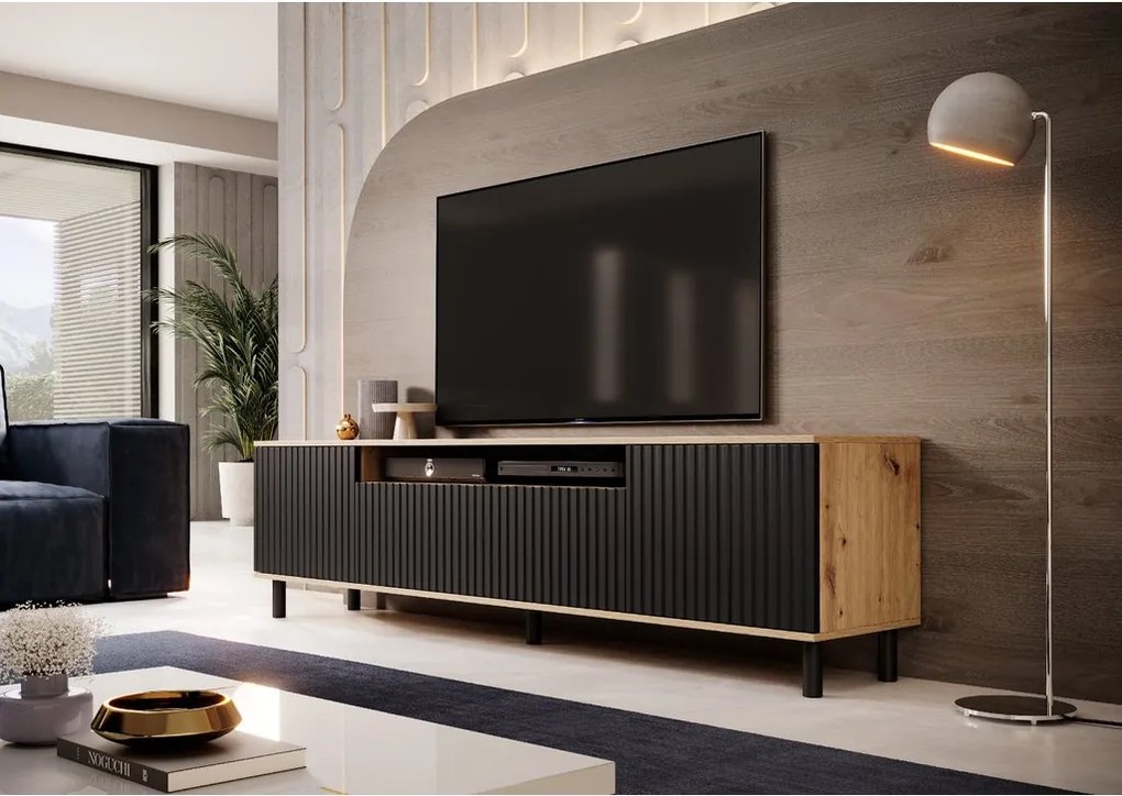 Eka Televizní skříňka GANA na kovových nožkách 200 cm, Dub Artisan/Černá