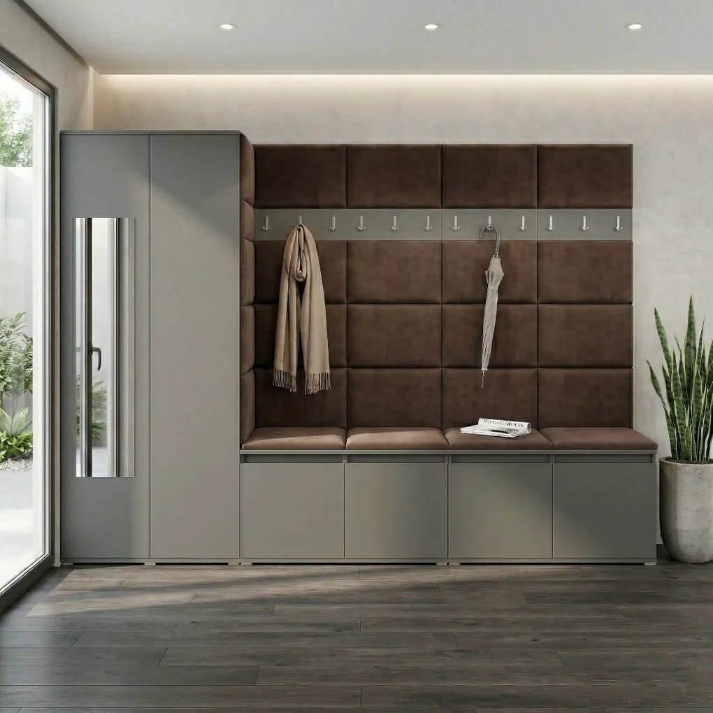 Předsíňová stěna Trinity 9 s čalouněnými panely, 290 cm, grafit/ hnědá