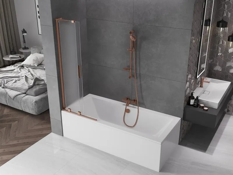 Mexen Velar L, 2-křídlová posuvná vanová zástěna 85 x 150 cm, 8mm sklo námraza, růžové zlato, 896-085-003-31-60