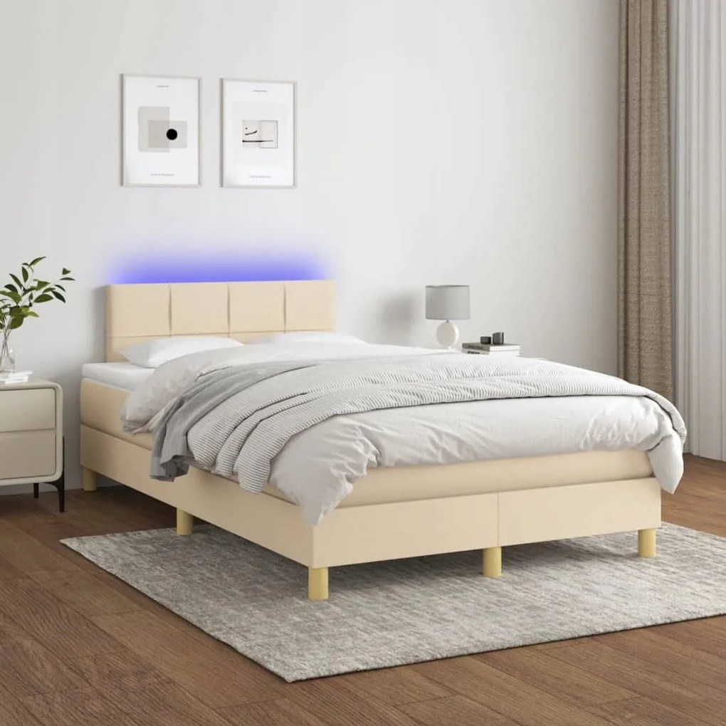 Box Spring Postel S Matrací A Led Textil Krémová Blok se čtverci 120 x 20