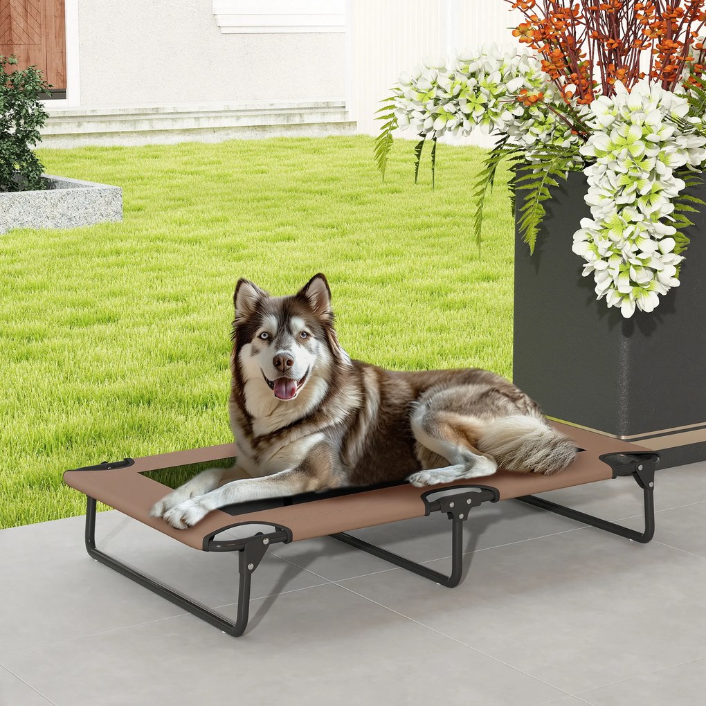 PawHut Zvedená Skládací Psí Postel, Venkovní Psí Lehátko s Mřížkovým Designem, Prodyšné, pro Velké Psy Káva Oxford 107 x 61 x 20 cm