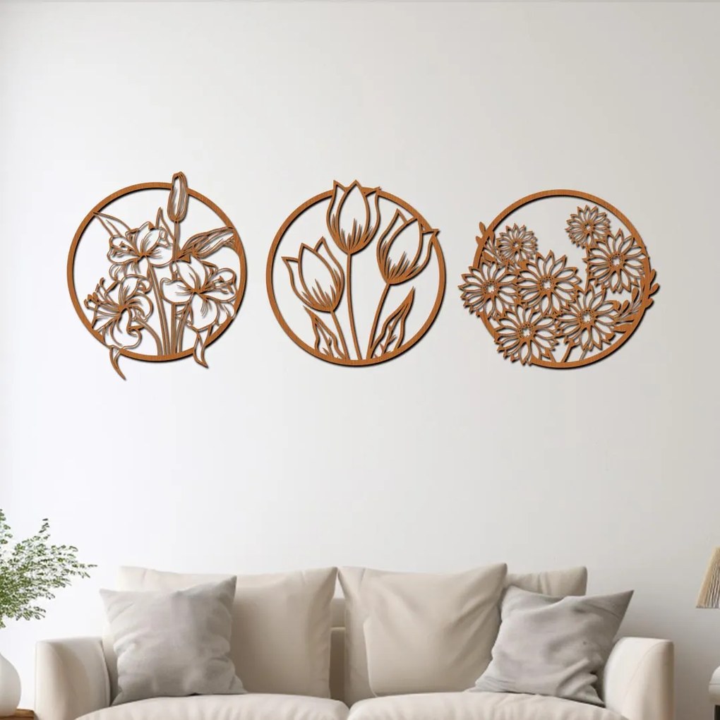 dřevo života Dřevěné dekorace na zeď KVĚTINY V KRUHU Barevný vzor: Horský dub, Rozměry Ø: 60