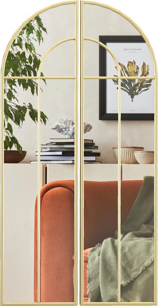 HOMCOM Dekorativní Zrcadlo na Zeď 2 Kusy 30x120 cm Okno se Zakřiveným Designem a Kovovým Rámem pro Obývací Pokoj, Ložnici a Vstup Gold