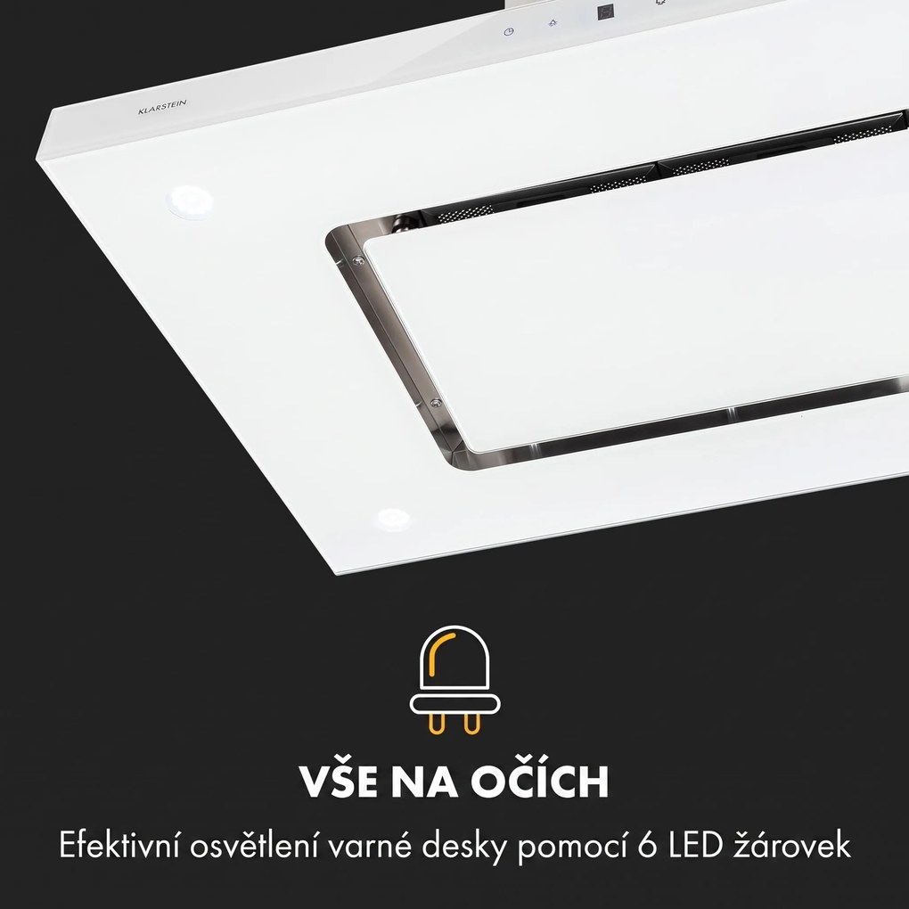 Klarstein Valeria, digestoř, 90 cm, ostrůvková, 650 m³/h, dotykový panel, LED, sklo, nerezová ocel, bílá