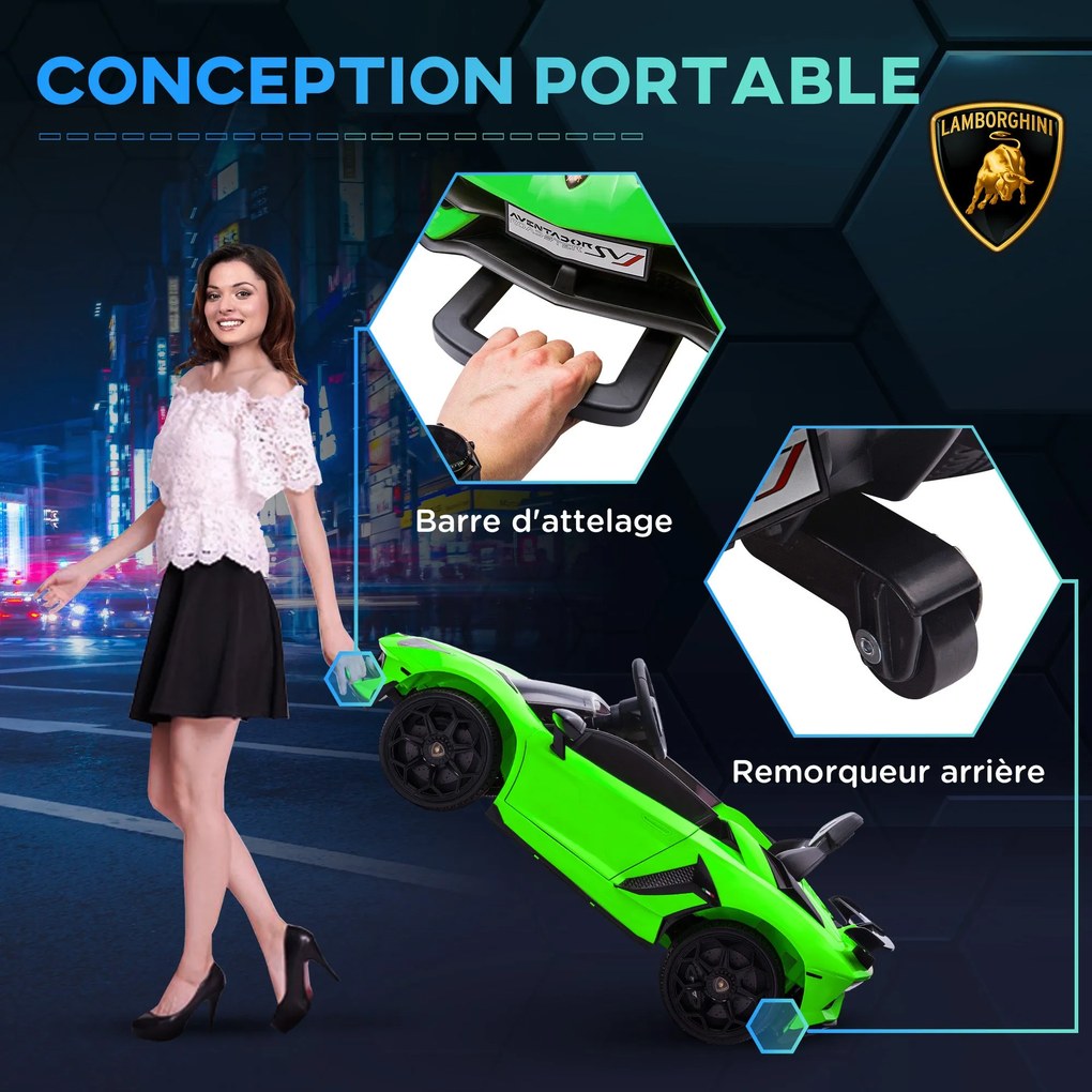 HOMCOM Dětské elektrické auto, Lamborghini Aventador SVJ, 12V s křídly, LED dálkovým ovládáním, hudbou, USB, rychlostí 3-5 km/h, zelené