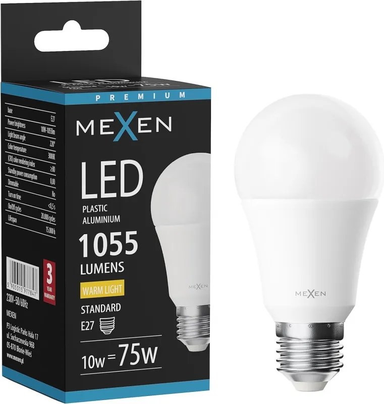 Mexen Nova, LED žárovka E27, A60, 10W, teplá - 3000K, 1055 lm - L100-E27-1030-01