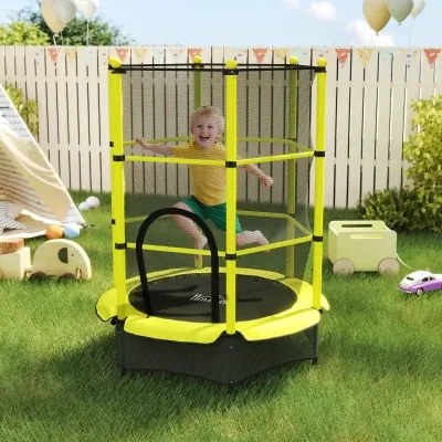 HOMCOM dětský trampolína Ø140 cm pro děti 3-10 let s bezpečnostní sítí, nosnost 50 kg, do interiéru i exteriéru, žlutá