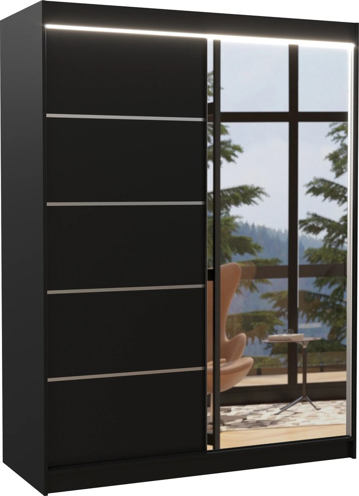 ADRK Furniture Posuvná skříň se zrcadlem a LED osvětlením LIMBO 150 SW-LIM-B-150+L-V208