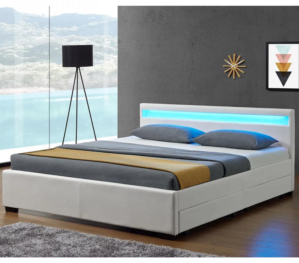 Goleto Čalouněná postel Lyon s úložným prostorem a LED osvětlením 180 x 200 cm | bílá
