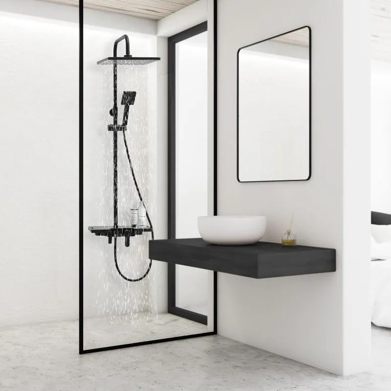 Erga Oslo, sprchová souprava s pákovou baterií, policí a dešťovou hlavicí 30x30 cm, černá matná, ERG-YKA-BP.OSLO-30-BLK