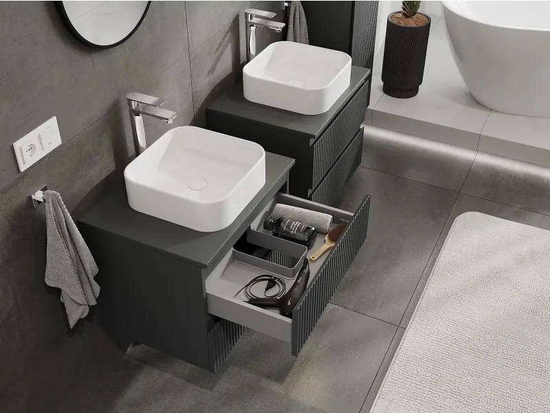 Mexen Rivel, koupelnová skříňka 60 cm s pracovní deskou, 2 zásuvky, drážkovaná, grafitová matná, 91A20-06047-2-BFFC66