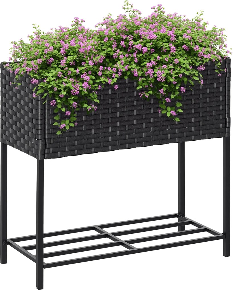 Vyvýšený záhon Outsunny z polyratanu s nožičkami a policí, 70 x 30 x 72 cm, hnědý pro zahradu balkon terasu | Aosom.de