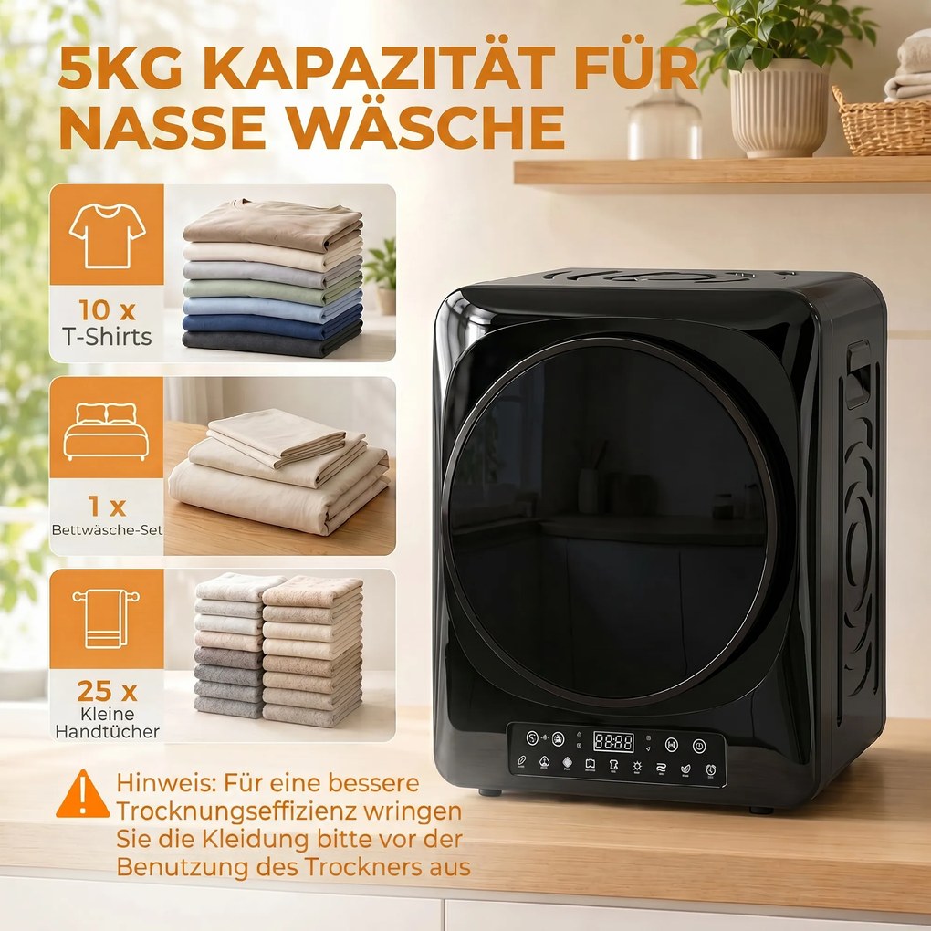 HOMCOM 1000 W kompaktní odvětrávací sušička s extra sušicím a ECO režimy, nastavením časovače a teploty, černá