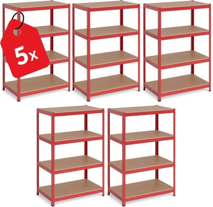 Akce 5x Regál 150x70x30 cm lakovaný 4-policový, nosnost 700 kg - červený