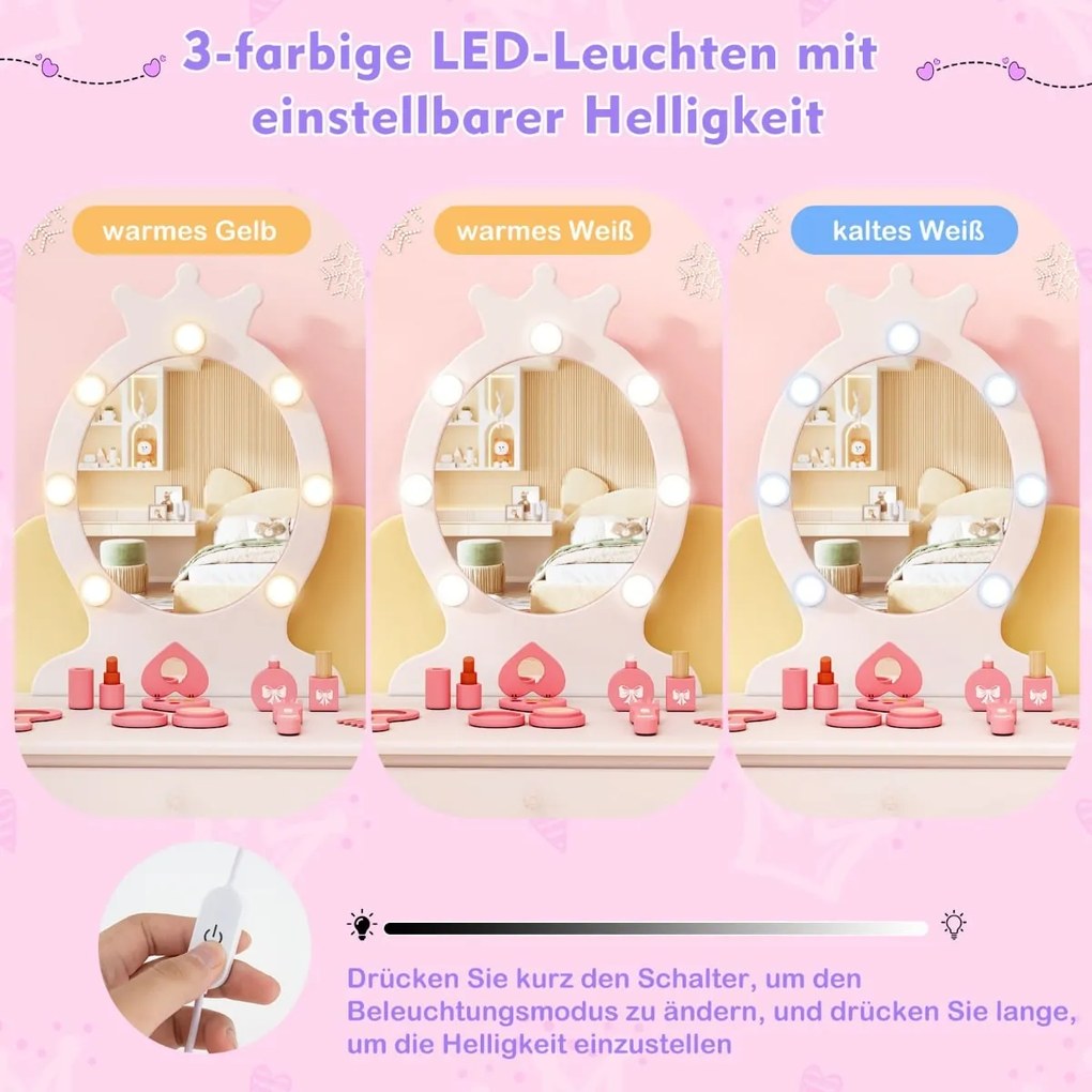 Costway Toaletní stolek pro děti s osvětlením 2 v 1 Princess s – bílý