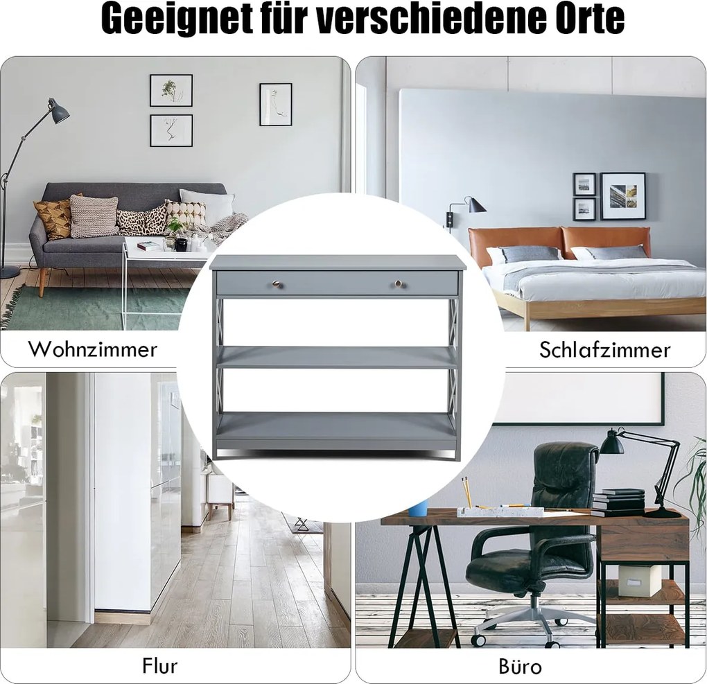 Costway Konzolový stůl 3 úrovně se zásuvkou ze dřeva – 100 × 30 × 80 cm, šedá