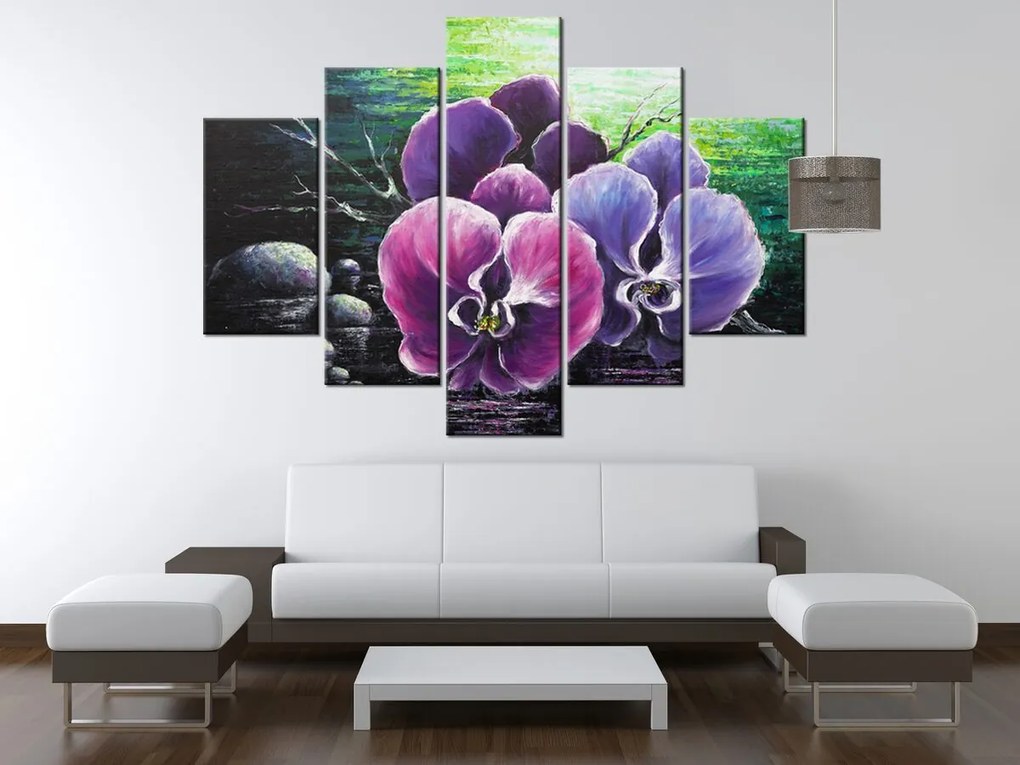 Gario Ručně malovaný obraz Orchidea u potoka - 5 dílný Rozměry: 150 x 70 cm