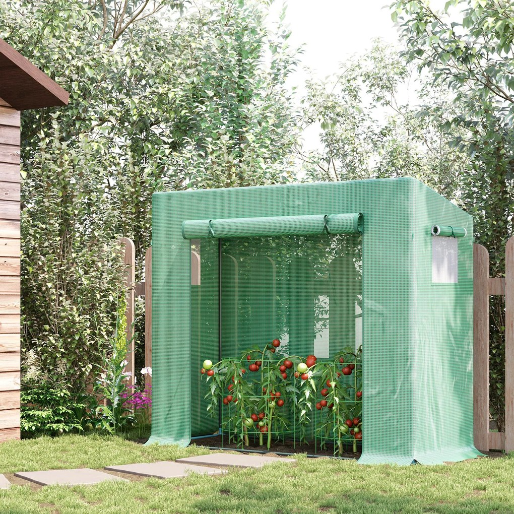 Skleník Outsunny, 200 x 76 x 168 cm, fóliový skleník s rolovacími dveřmi, skleník, domek na rajčata s bočním oknem, PE síťová fólie, zimní skleník pr…
