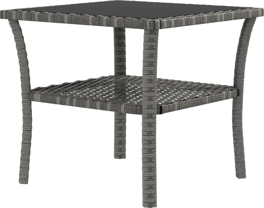 Outsunny Čtvercový Zahradní Stůl z Umělého Rattanu 50x50x45 cm s Skleněnou Deskou a Pozinkovaným Ocelovým Rámem, Nosnost 30 kg pro Terasu a Patio Šedý