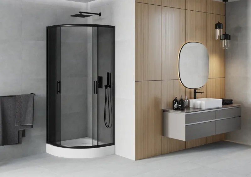 Mexen Rio, čtvrtkruhový sprchový kout s posuvnými dveřmi 90 (dveře) x 90 (dveře) x 190 cm, 5mm šedé sklo, černý profil + Rio sprchová vanička bílá, 863-090-090-70-40-4710