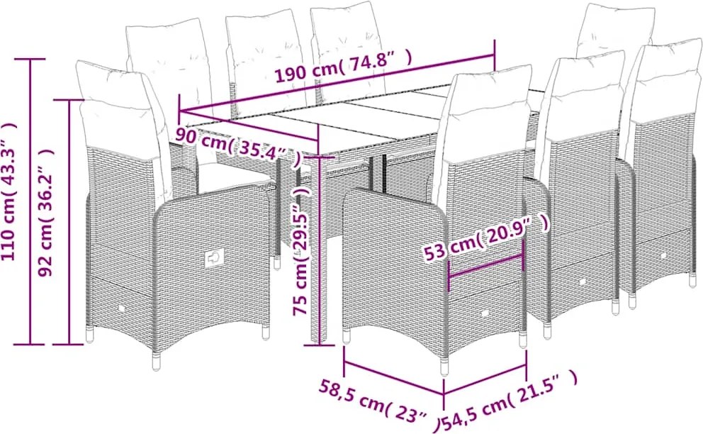 9dílný zahradní bistro set s poduškami hnědý polyratan 3277070
