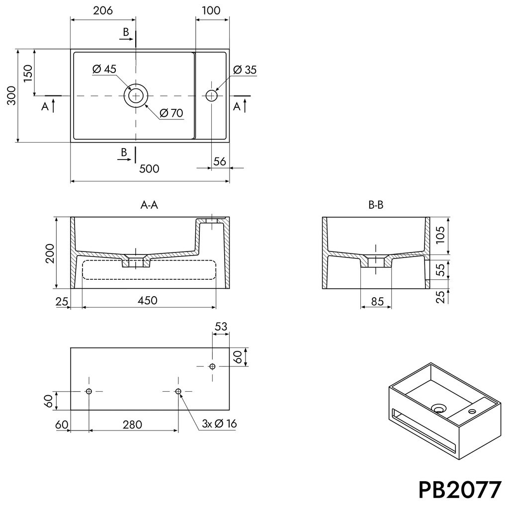 Nástěnné umyvadlo PB2077 - minerální odlitek - 50 x 30 x 20 cm - s držákem na ručníky - bílá matnáNeporézní a antibakteriální povrch