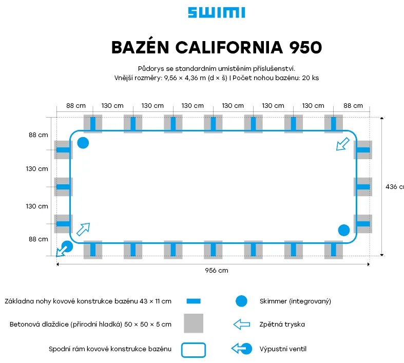 Technypools Bazén CALIFORNIA 950 9,51 x 4,36 x 1,25 m (9785P) Barva: modrá