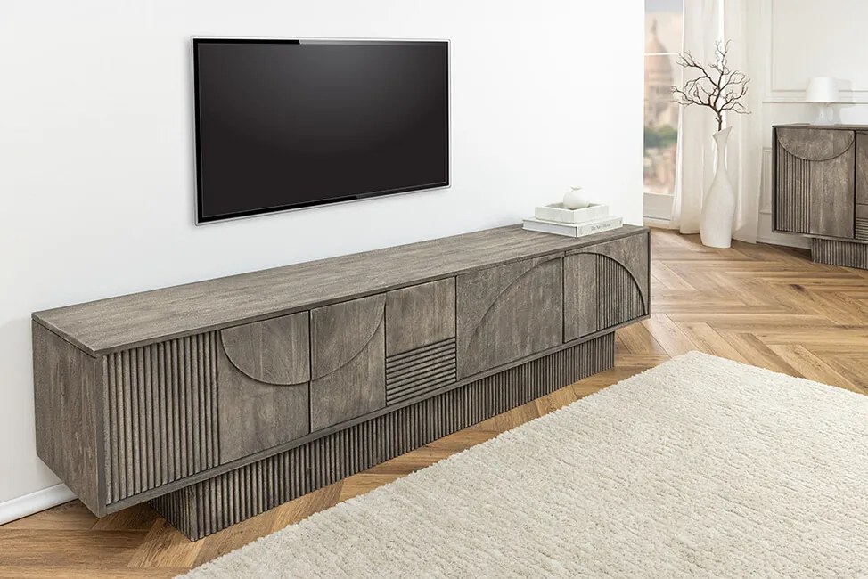 Designový 3D stolek pod TV z masivu Art Deco Mango šedá 200cm