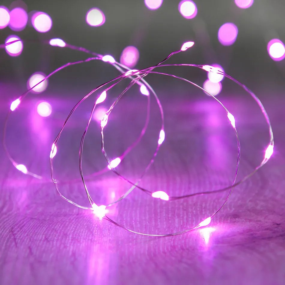 LED světýlka na baterie, kapičky, 2,30 m, růžová, 20 diod, drátek, IP20 interiér, 3 × AA