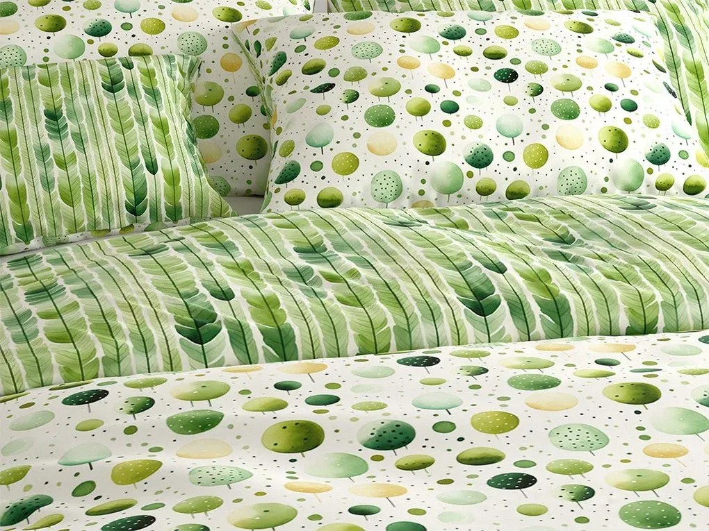Sada krepového povlečení GREEN TREES POLY zelené + prostěradlo Jersey 180 x 200 cm bílé, dvoulůžko