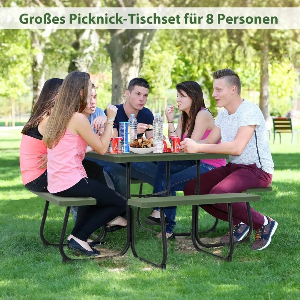 Costway Kulatý piknikový stůl s 4 lavicemi a otvorem na deštník pro 8 osob
