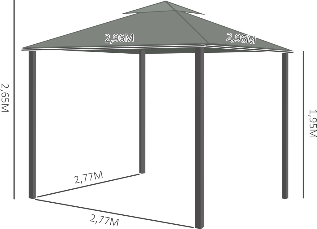 Zahradní pavilon Outsunny, 2,96 x 2,96 m, s dvojitou střechou, 4 boční panely moskytiéra, párty stan hliníkový polyester