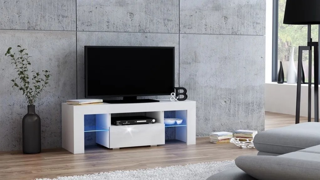 Mazzoni TV stolek MILA lesk 110 LED bílá, bílá zásuvka