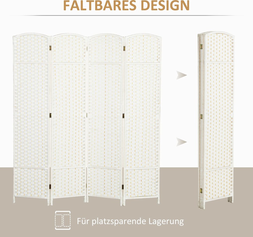 HOMCOM 4-panelový Rozdělovací Panel 160 x 170 cm Bambusový Skládací Předěl na Soukromí pro Obývací Pokoj Bílý