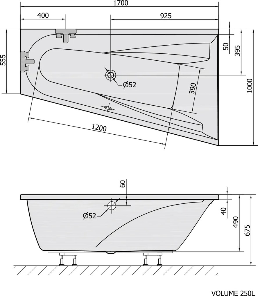 Polysan CHIQUITA R asymetrická vana 170x100x45cm, bílá (02619) 92619