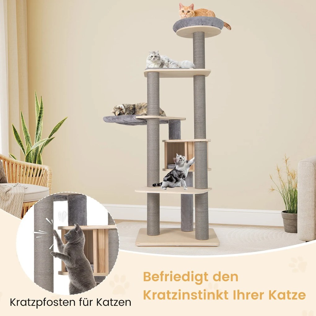 Costway 197 cm kočičí věž vícepatrový kočičí strom s polstrovaným horním